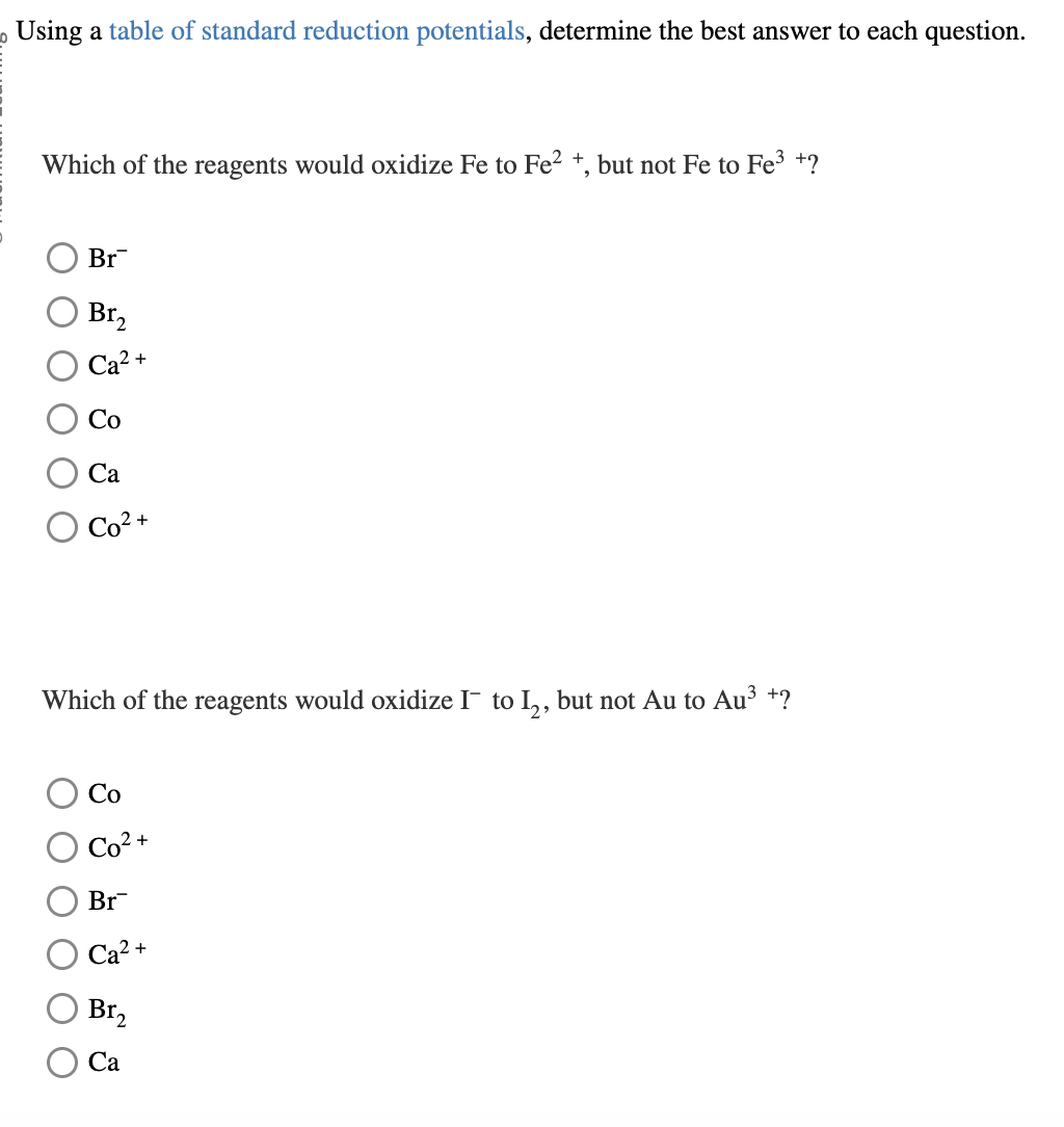 Using a table of standard reduction potentials, | Chegg.com