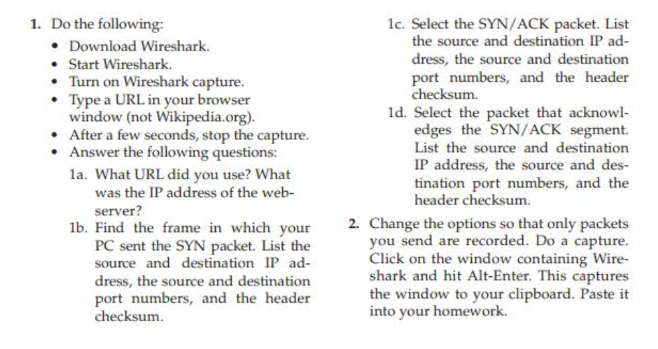 Solved 1. Do the following: • Download Wireshark. • Start | Chegg.com