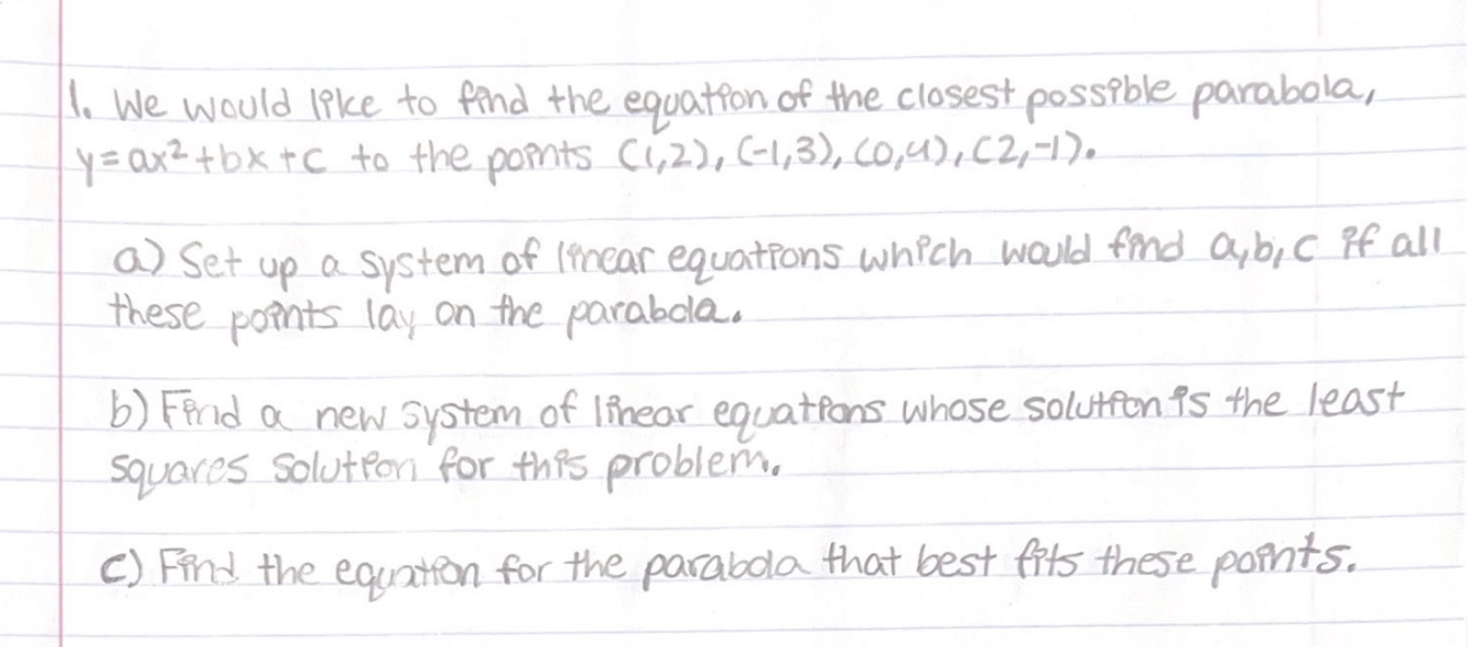 Solved 1. We would like to find the equation of the closest | Chegg.com