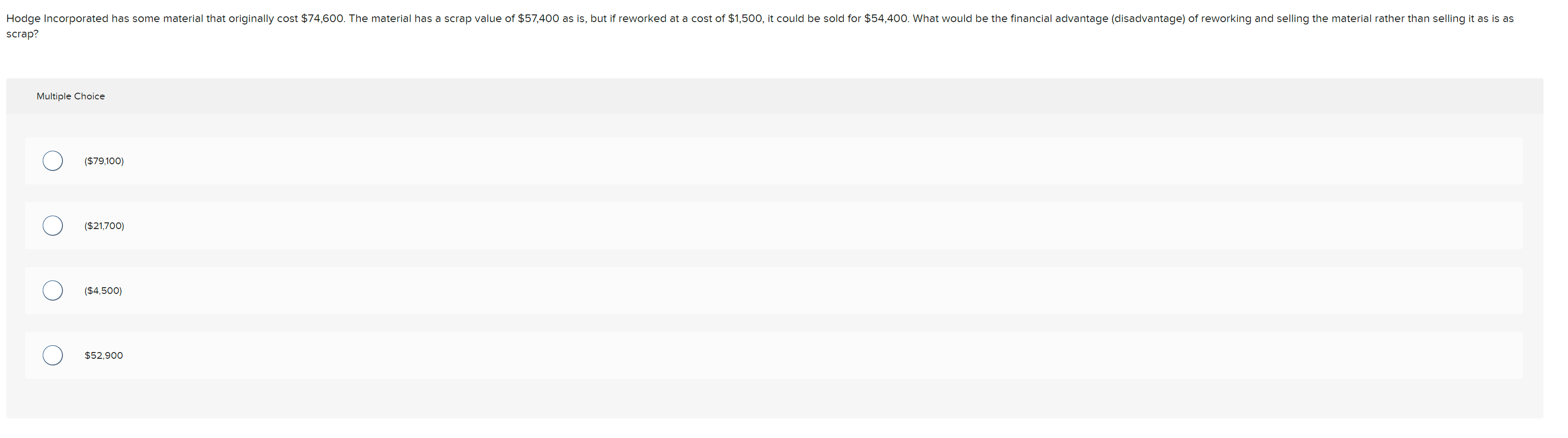 Solved scrap? Multiple Choice ($79,100) ($21,700) ($4,500) | Chegg.com