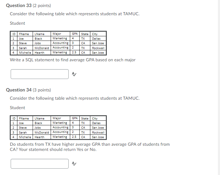Solved Question 33 (2 points) Consider the following table | Chegg.com