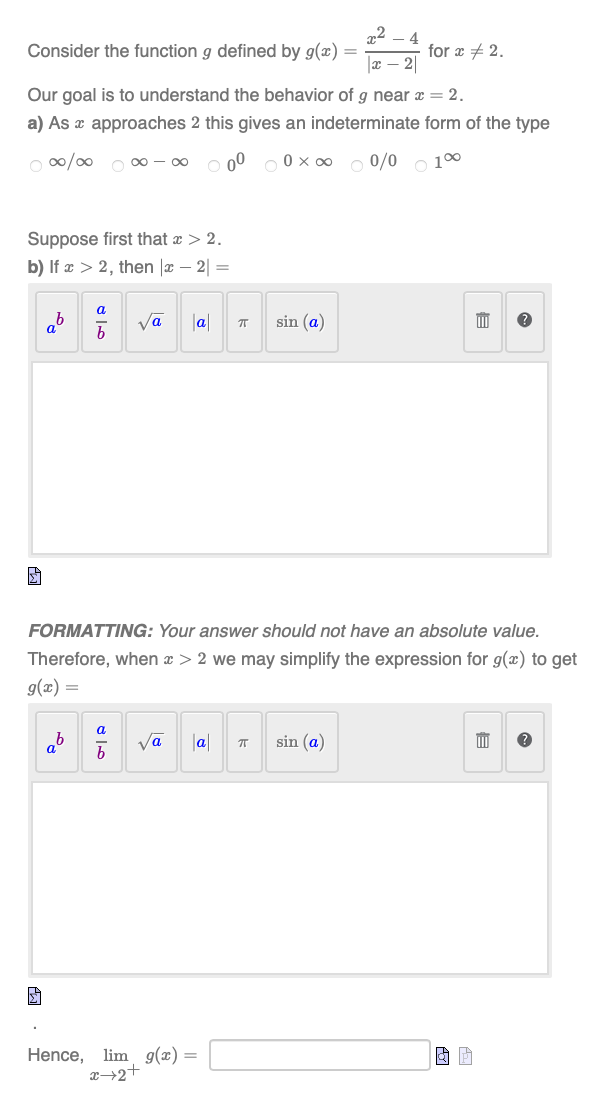 Solved Consider the function g defined by g(x)=∣x−2∣x2−4 for | Chegg.com
