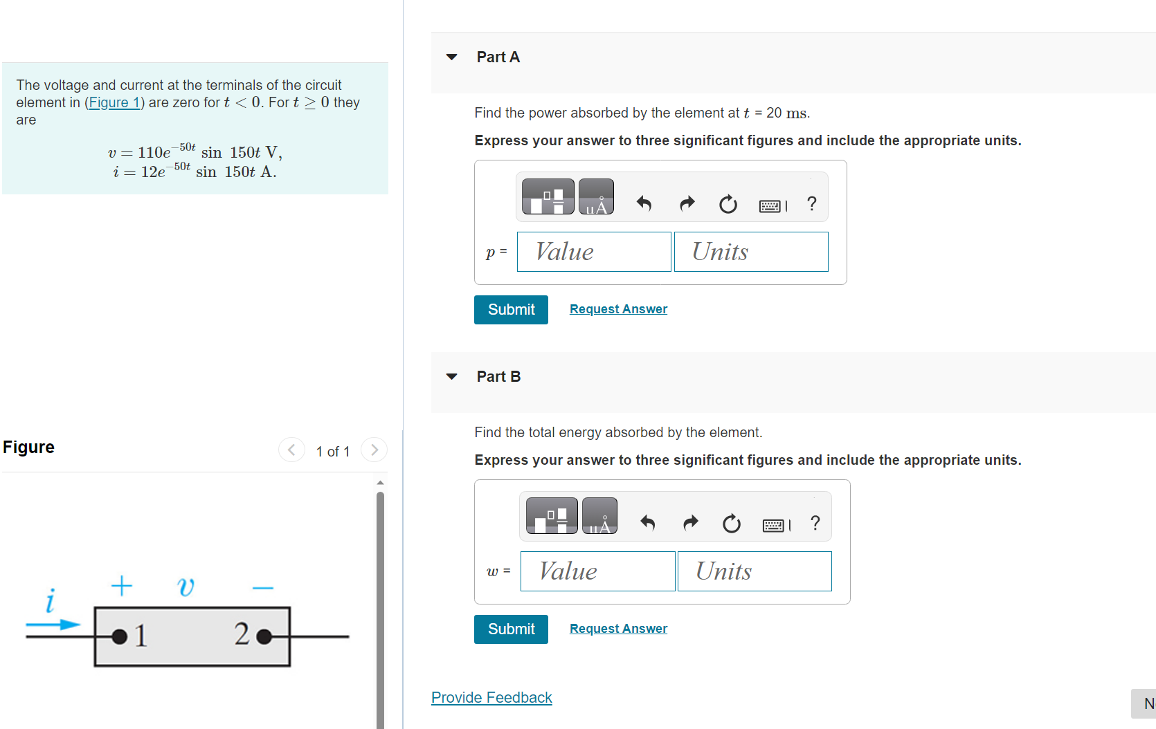 Solved The voltage and current at the terminals of the | Chegg.com