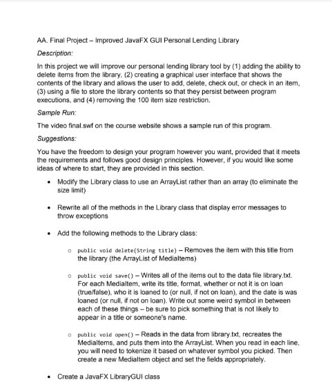 Solved AA. Final Project - Improved JavaFX GUI Personal | Chegg.com