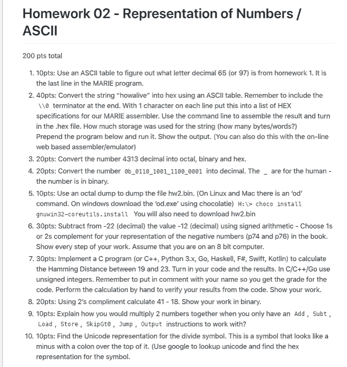 Homework 02 - Representation of Numbers / ASCII 200 | Chegg.com