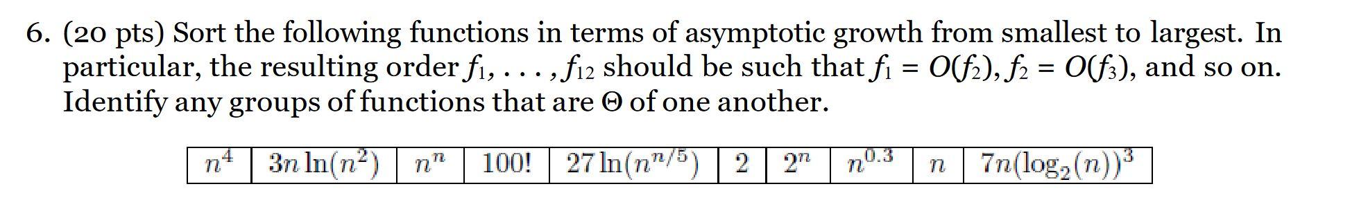 Solved 6. (20 pts) Sort the following functions in terms of | Chegg.com