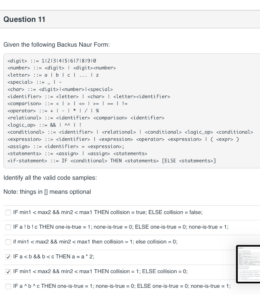 Solved Question 11 Given the following Backus Naur Form: | Chegg.com
