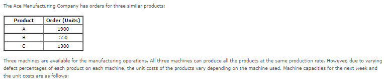 Solved The Ace Manufacturing Company has orders for three | Chegg.com
