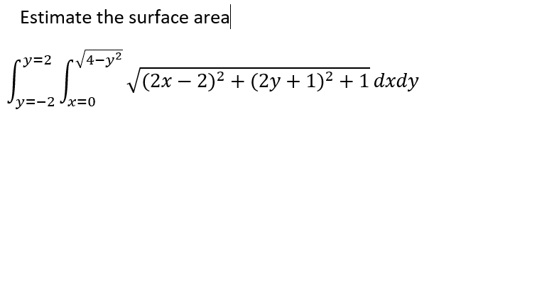 Solved T-- 2Ix=0 Estimate the surface area y=2 4-y2 (2x - | Chegg.com