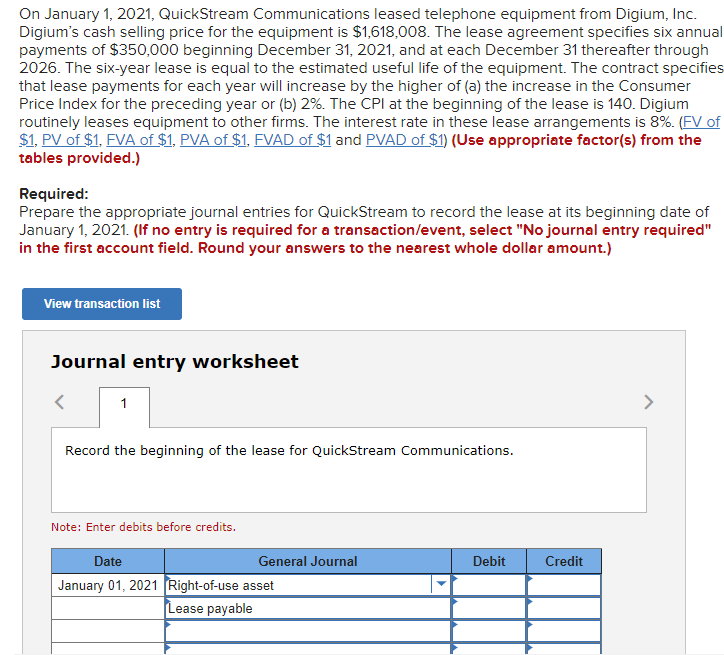 Solved On January 1, 2021, QuickStream Communications leased | Chegg.com