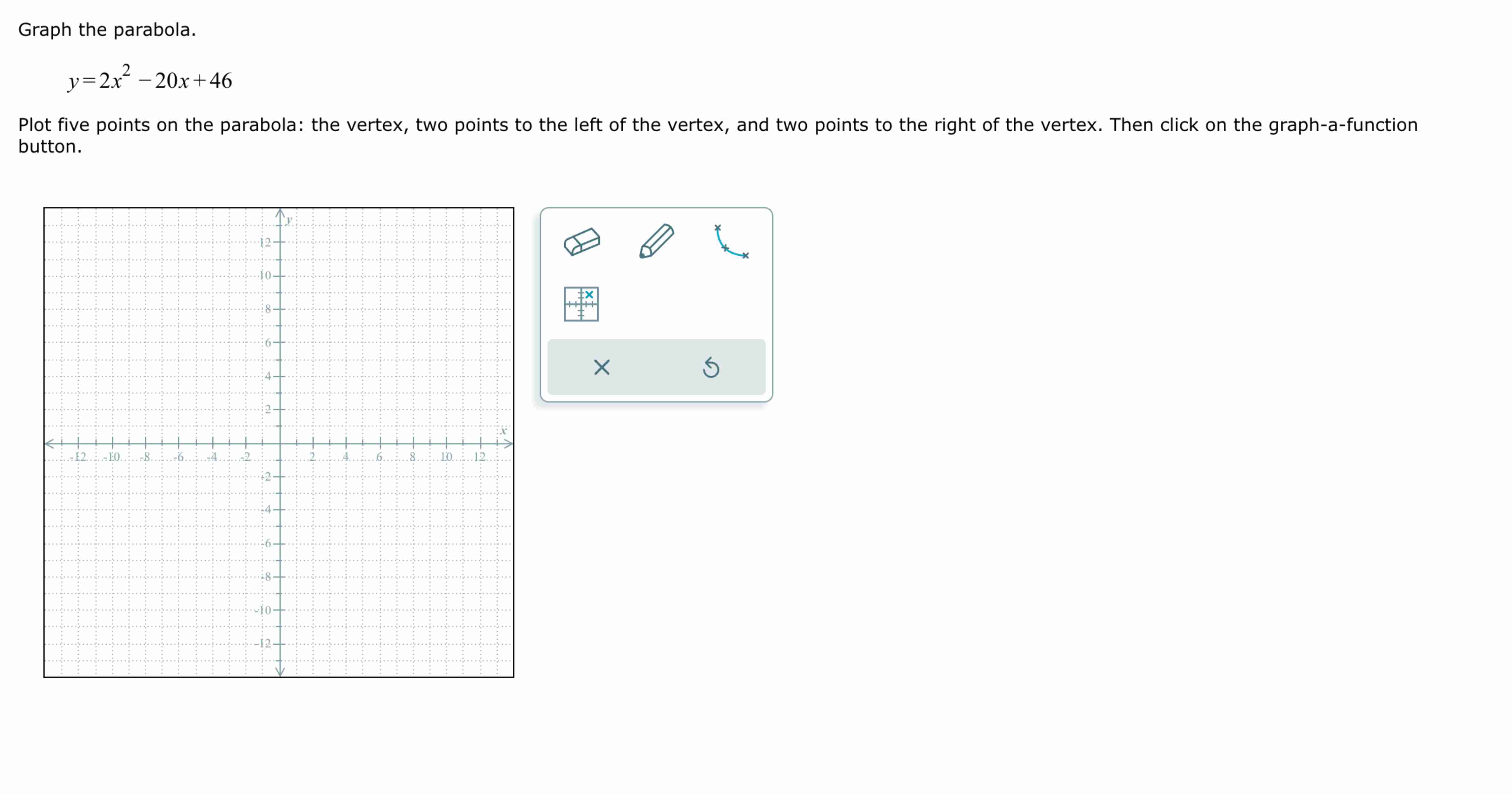 Solved Graph the parabola.y=2x2-20x+46Plot five points on | Chegg.com