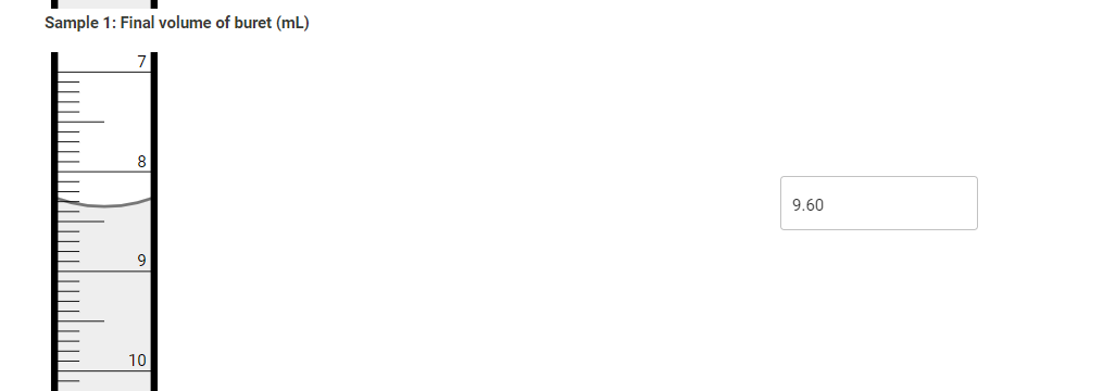 Solved Sample 1: Final volume of buret (mL) . 8 9.60 9 10 | Chegg.com