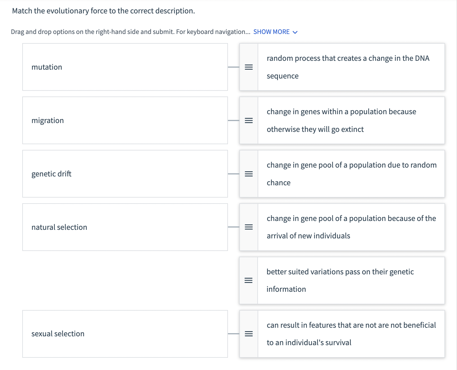 Solved Match the evolutionary force to the correct | Chegg.com