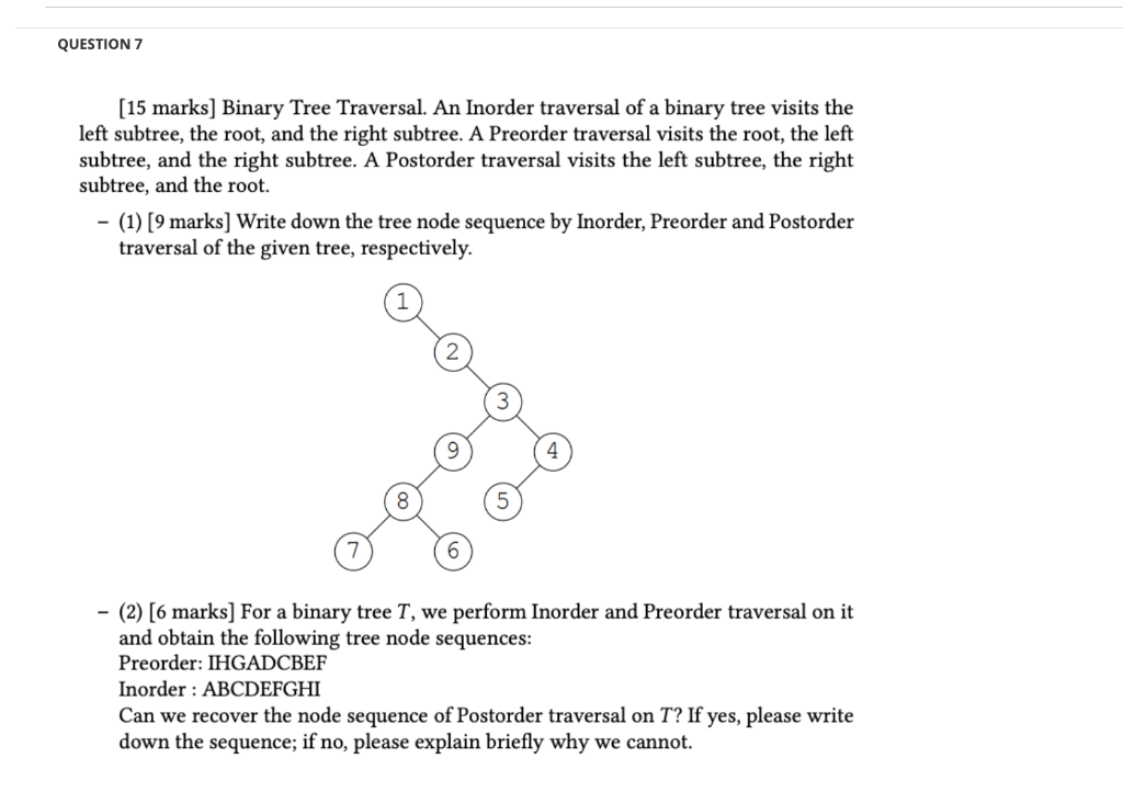 Solved QUESTION 7 [15 marks) Binary Tree Traversal. An | Chegg.com