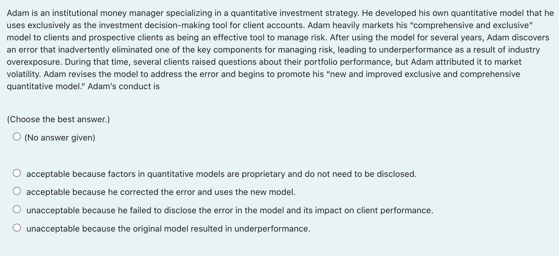 Solved Adam is an institutional money manager specializing | Chegg.com