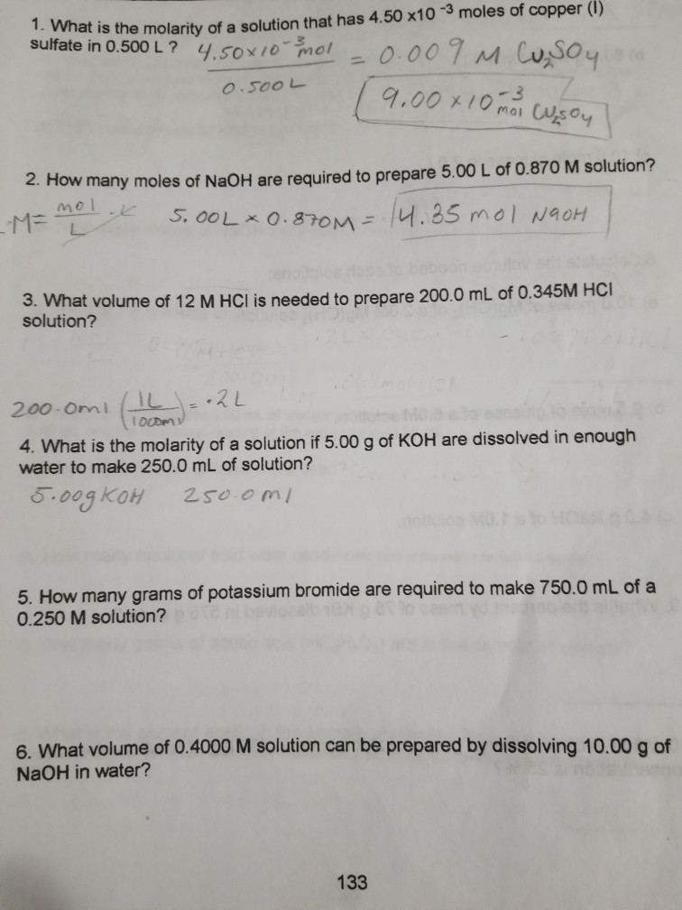 Solved 1. What is the molarity of a solution that has 4.50 | Chegg.com