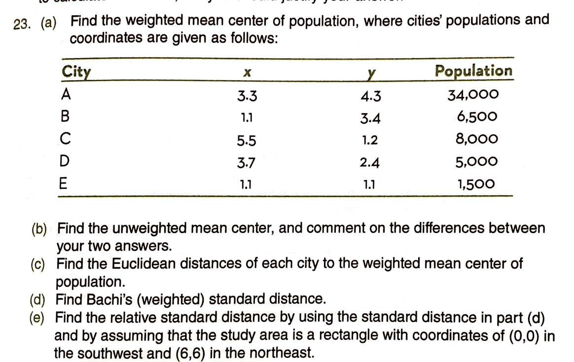 Solved 23. (a) Find the weighted mean center of population, | Chegg.com