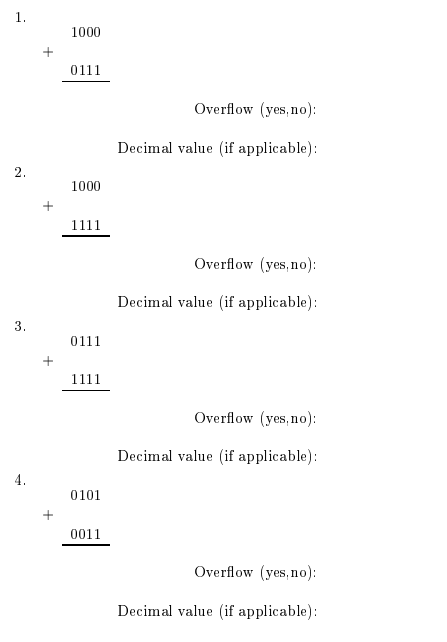 Solved 1. 1000+0111 Overflow (yes,no): Decimal value (if | Chegg.com