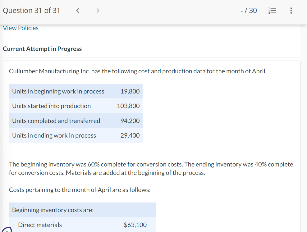 Solved Current Attempt in Progress Cullumber Manufacturing | Chegg.com