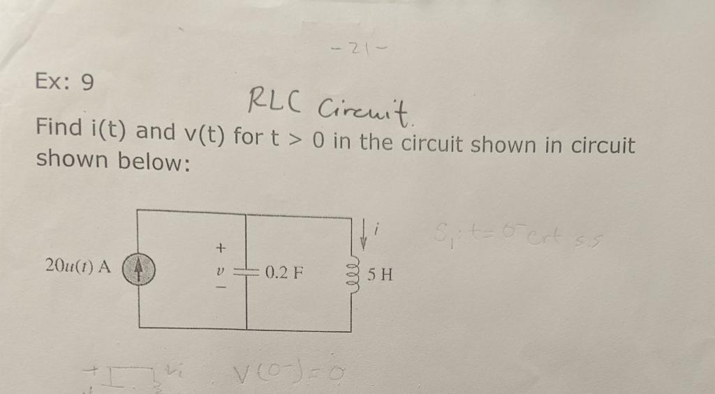 Solved Ex: 9 RLC Circuit. Find i(t) and v(t) for t>0 in the | Chegg.com