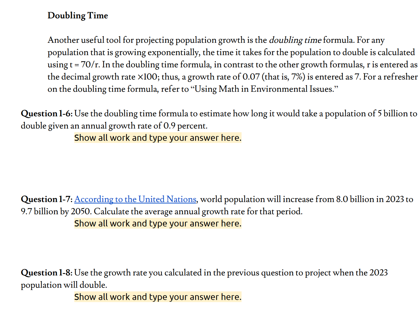 Solved Doubling Time Another useful tool for projecting | Chegg.com