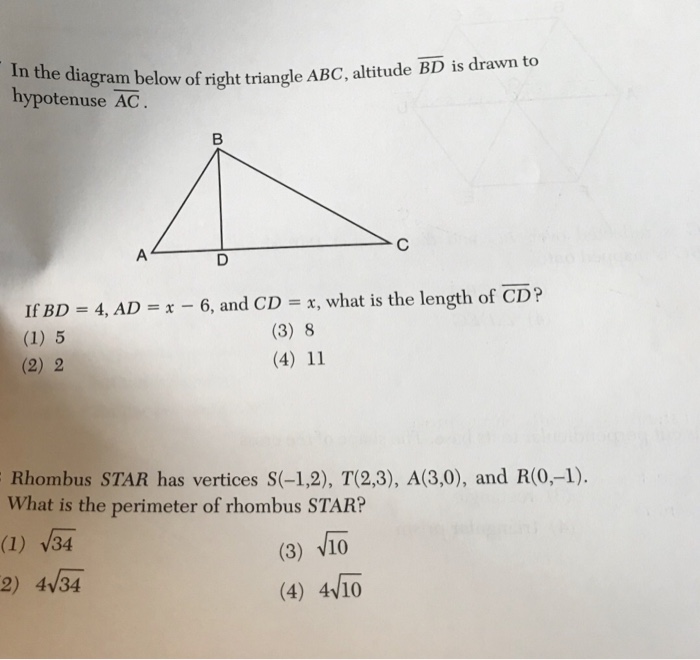 Solved agram below of right triangle ABC, altitude BD is | Chegg.com