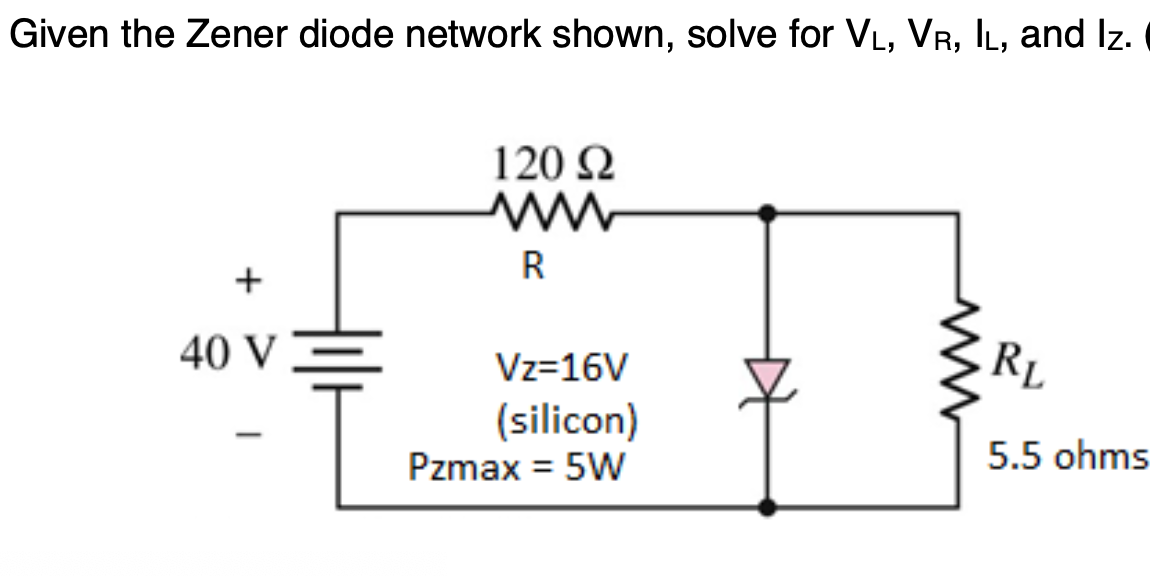 Solved Given the Zener diode network shown, solve for VL, | Chegg.com