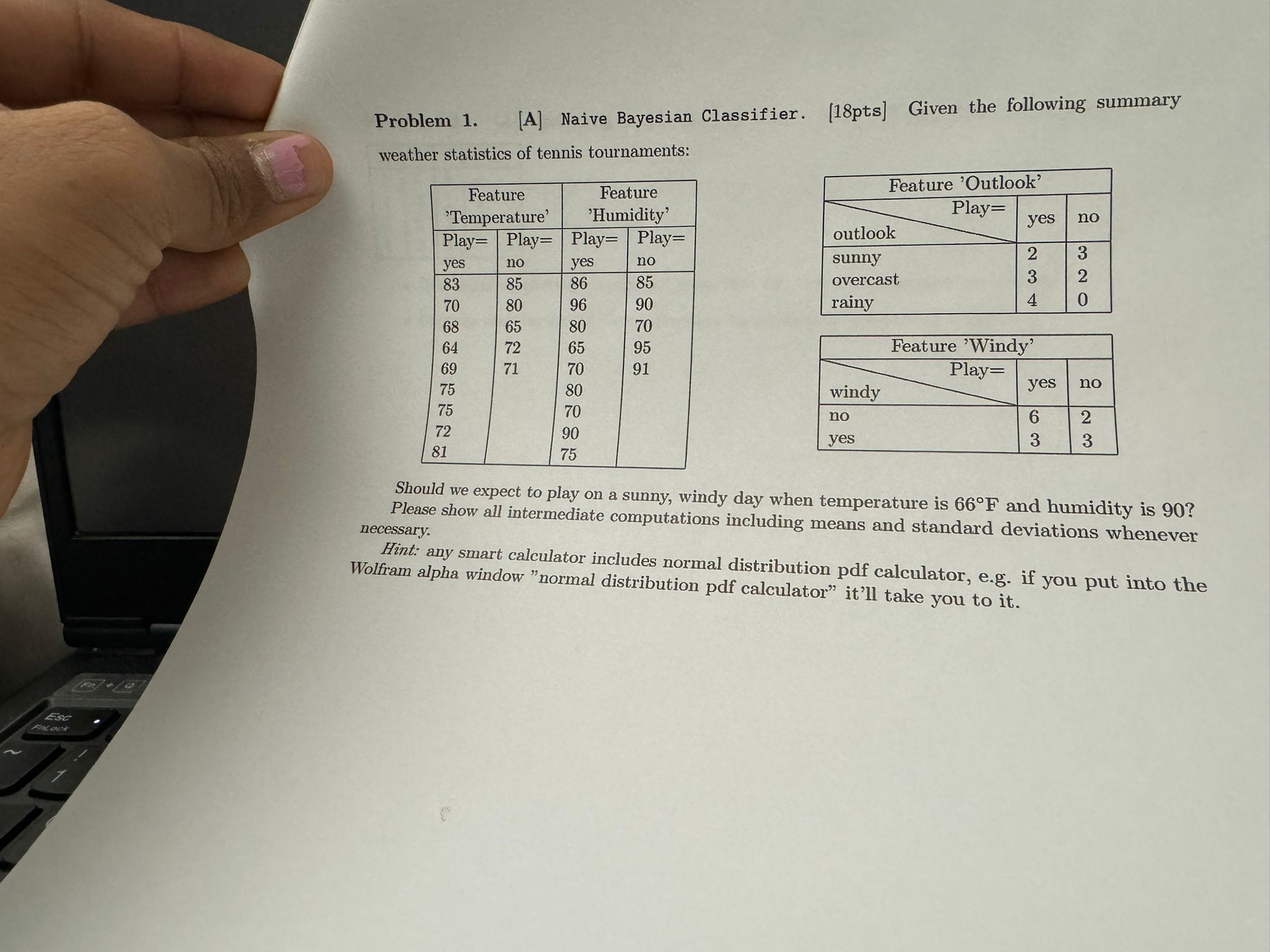 Solved Problem 1. [A] Naive Bayesian Classifier. [18pts] | Chegg.com