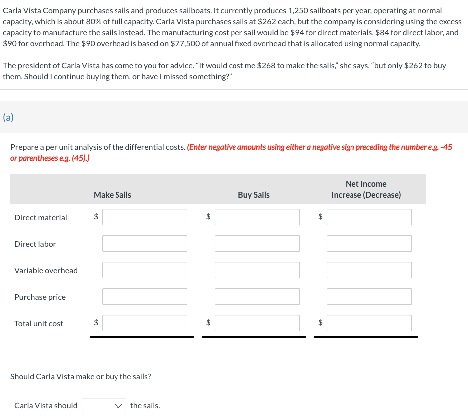 Solved Carla Vista Company purchases sails and produces | Chegg.com