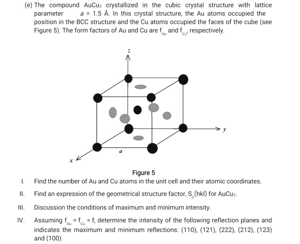 Solved (e) The compound AuCuz crystallized in the cubic | Chegg.com