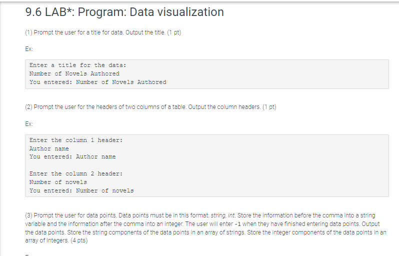 Solved 9.6 LAB*: Program: Data visualization (1) Prompt the | Chegg.com