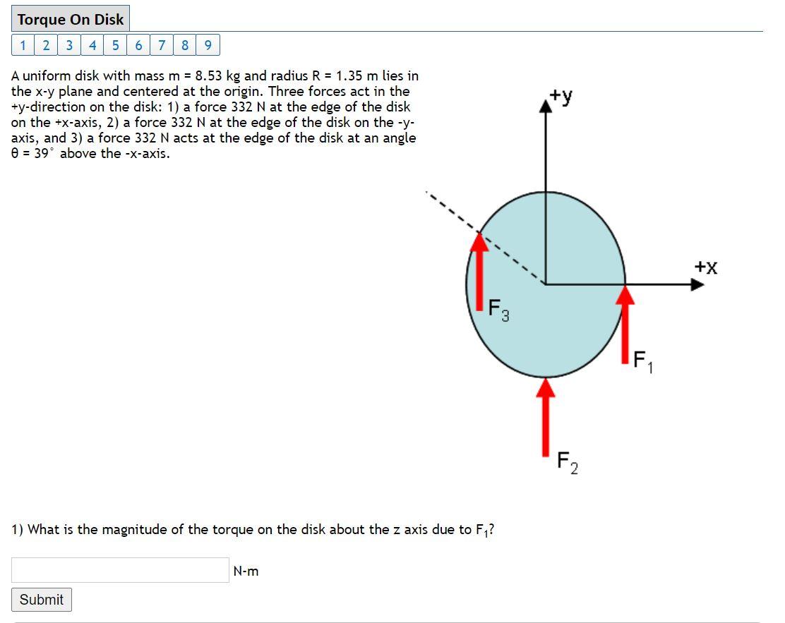 Solved Torque On Disk 1 2 3 4 5 6 7 8 9 +y A uniform disk | Chegg.com
