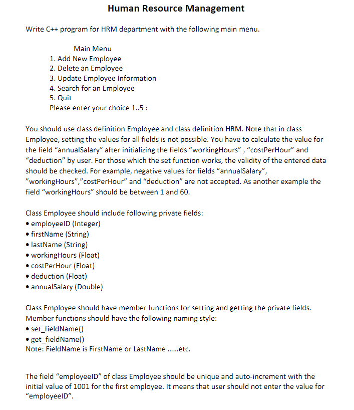 Solved Human Resource Management Write C++ program for HRM | Chegg.com