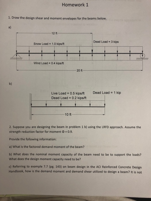 Solved Homework 1 1. Draw the design shear and moment | Chegg.com