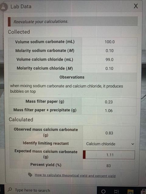 Solved A Lab Data Х Reevaluate your calculations. Collected | Chegg.com