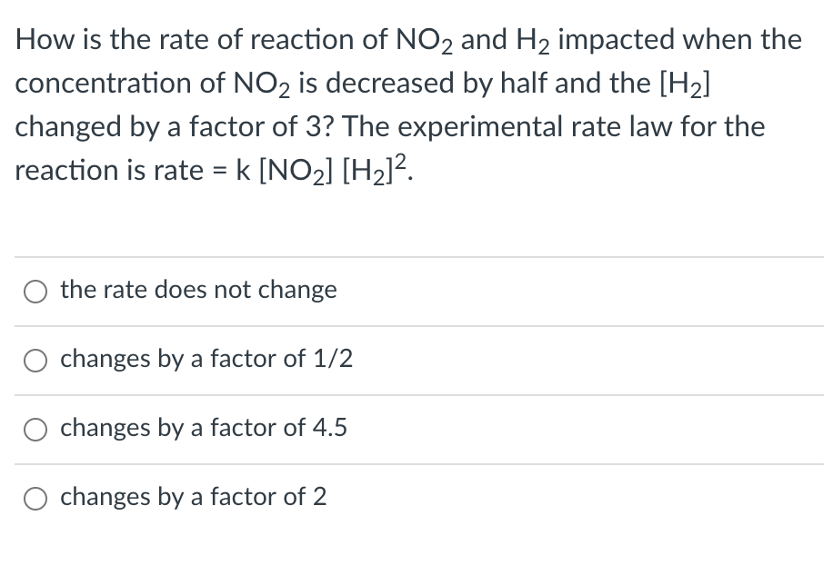 Solved How is the rate of reaction of NO2 and H2 impacted | Chegg.com