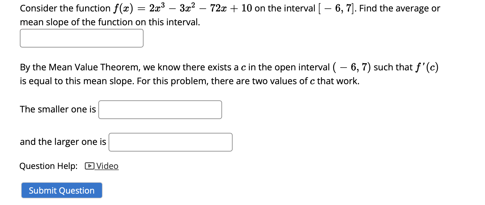 Solved = Consider the function f(x) = 2x3 – 3x2 – 72x + 10 | Chegg.com