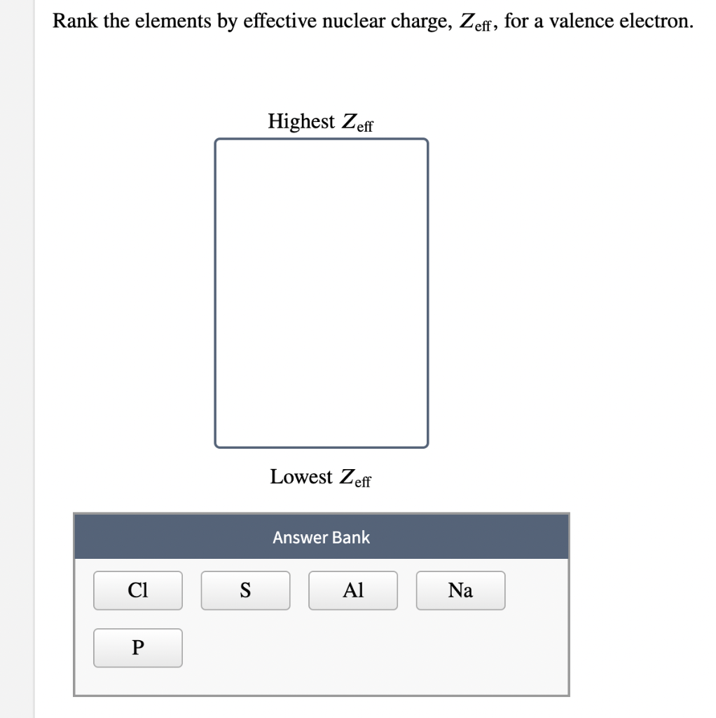 Solved Rank the elements by effective nuclear charge, Zeff, | Chegg.com