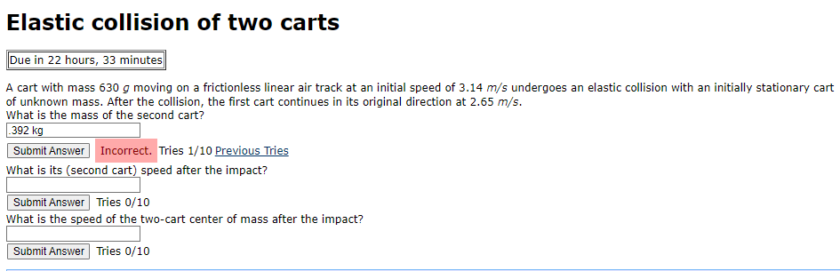 Solved Elastic collision of two carts A cart with mass 630 g | Chegg.com