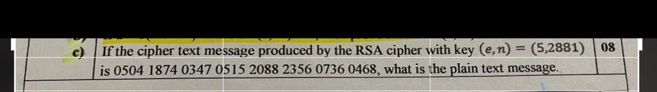 Solved c) If the cipher text message produced by the RSA | Chegg.com
