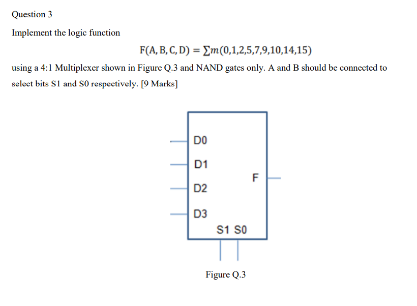 Solved Question 3 Implement the logic function F(A, B, C, D) | Chegg.com