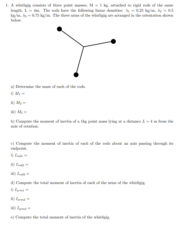 Solved 1. A whirligig consists of three point masses, M=1 | Chegg.com