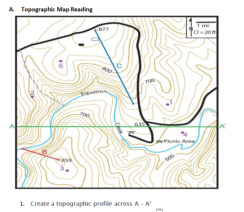 Solved A. Topographic Map Reading 877 1 mi CI=20 ft 5 с 800 | Chegg.com