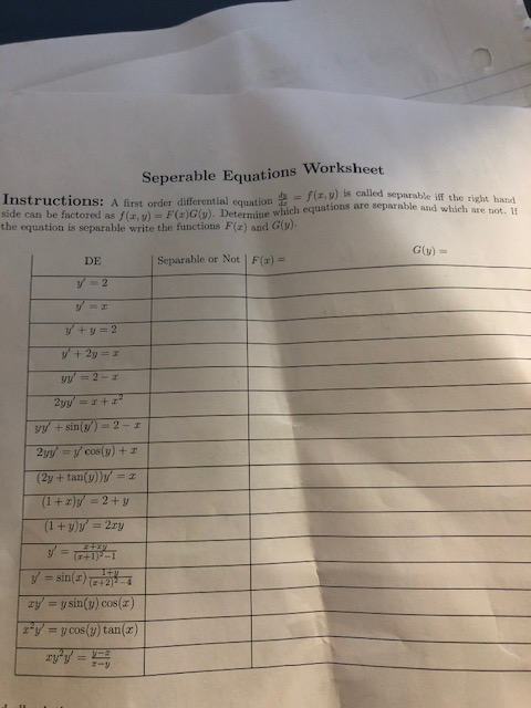 Solved Seperable Equations Worksheet Instructions A First