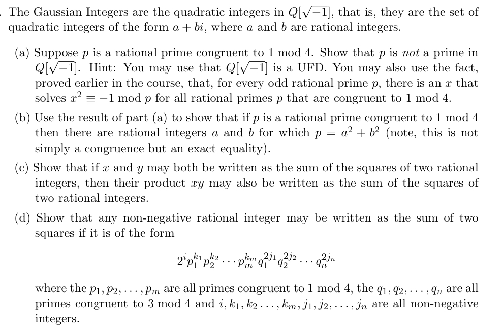 Solved The Gaussian Integers are the quadratic integers in | Chegg.com