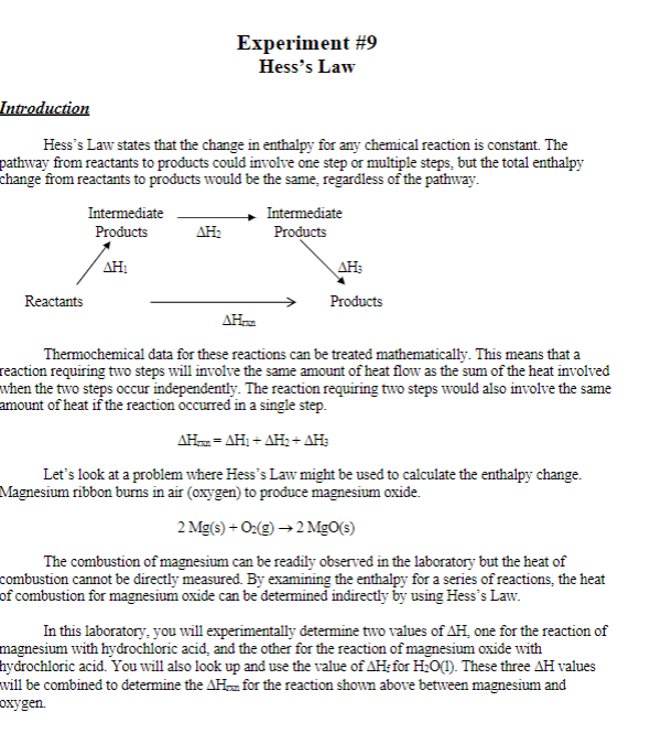 Solved Experiment #9 Hess's Law Introduction Hess's Law | Chegg.com