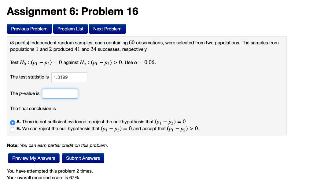 Solved Assignment 6: Problem 16 Previous Problem Problem | Chegg.com