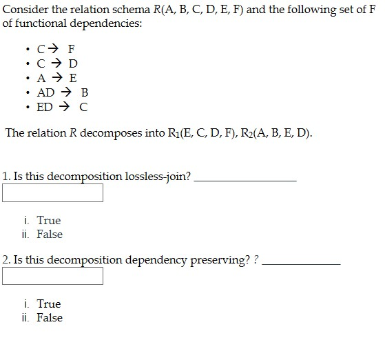 Solved Consider the relation schema R(A, B, C, D, E, F) and | Chegg.com