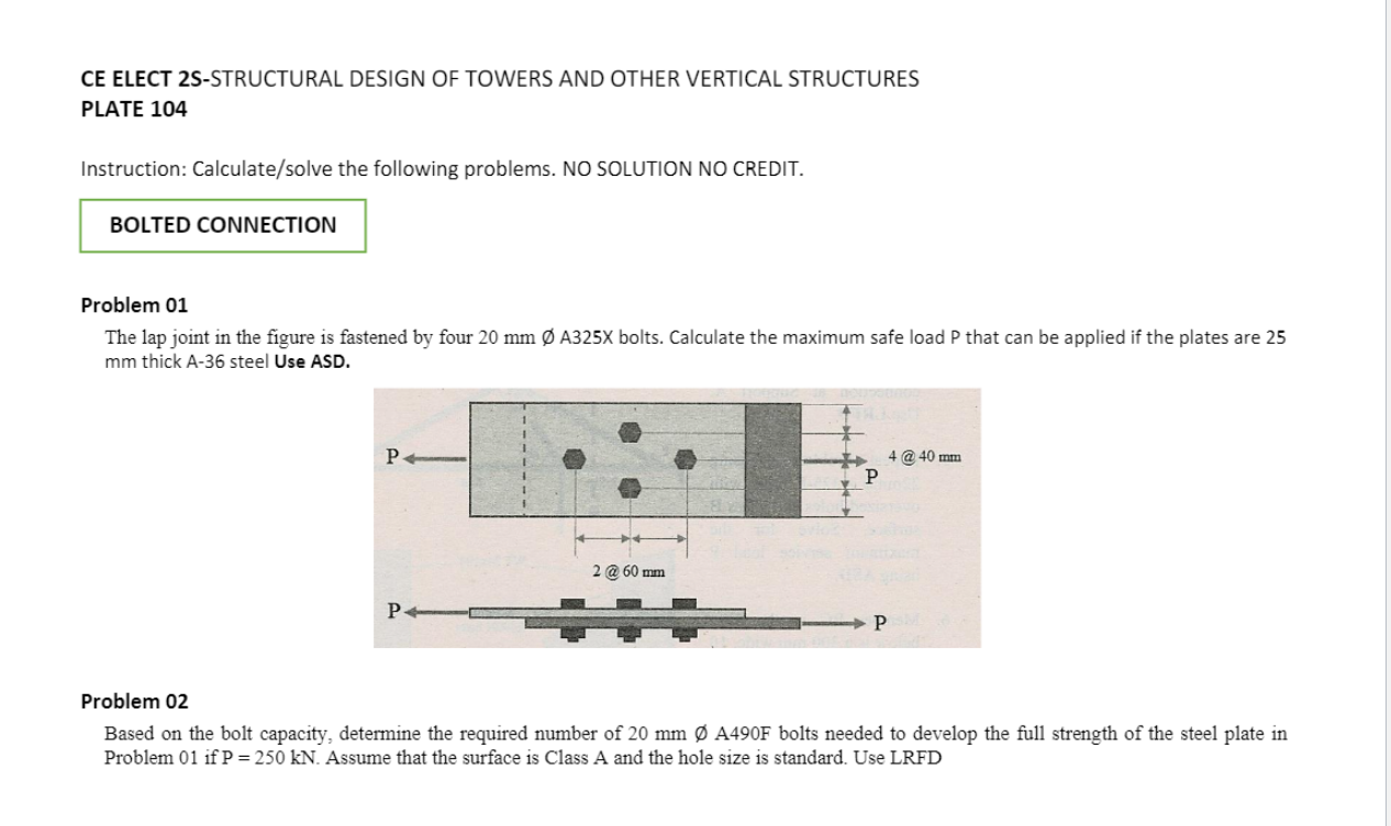 Solved CE ELECT 2S-STRUCTURAL DESIGN OF TOWERS AND OTHER | Chegg.com