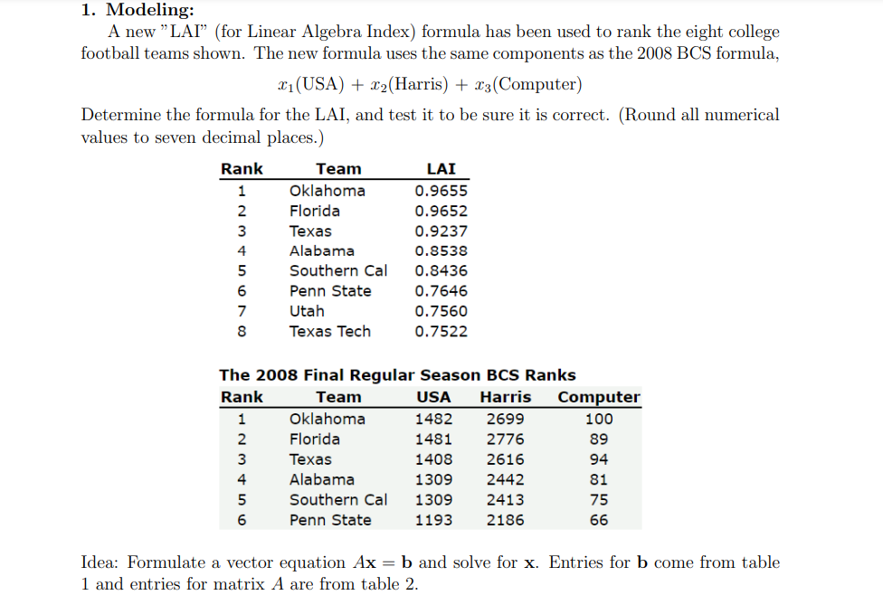 Solved 1. Modeling: A new "LAI" (for Linear Algebra Index) | Chegg.com